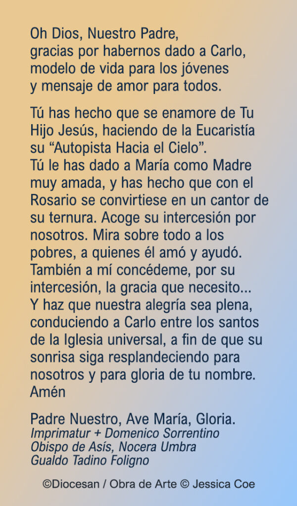 St. Carlo Acutis Canonization – Spanish Prayer Card – The Living Heart ...