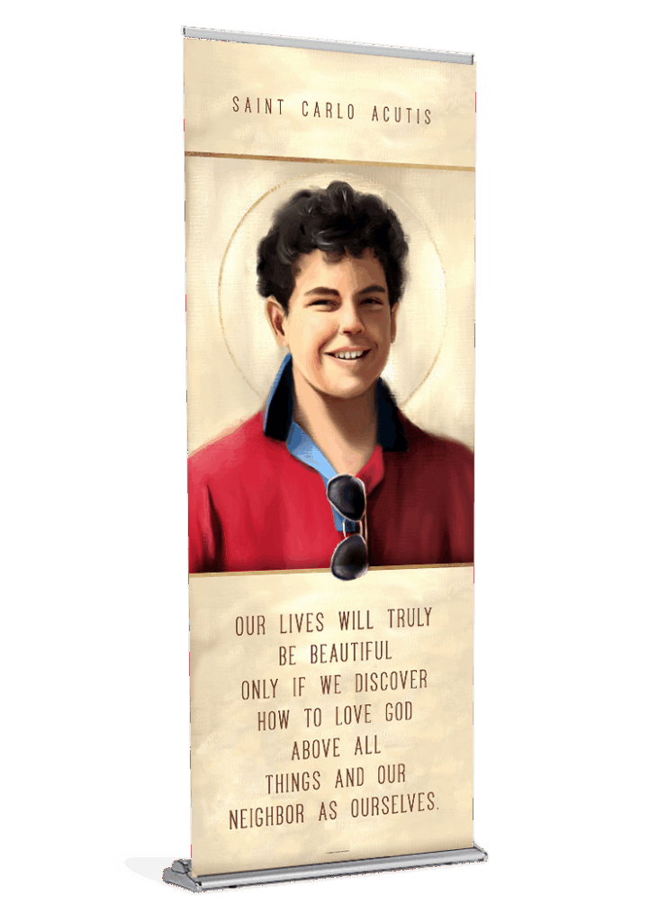 Saint Carlo Acutis by Catholic Artist The Living Heart Co Banner – Diocesan
